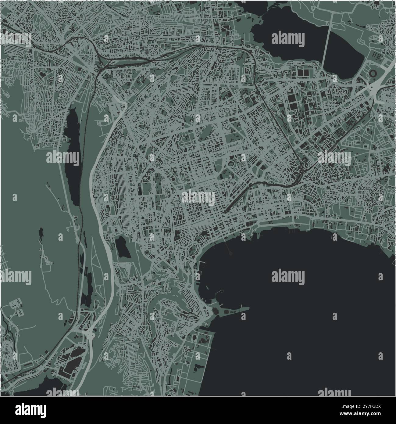 Map of Baku in Azerbaijan in a smooth dark style. Contains layered ...