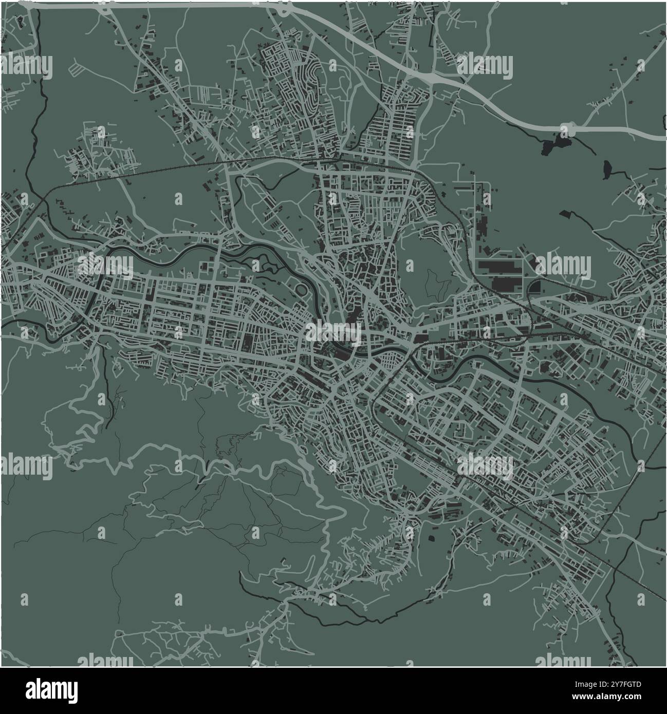 Map of Skopje in North Macedonia in a smooth dark style. Contains ...