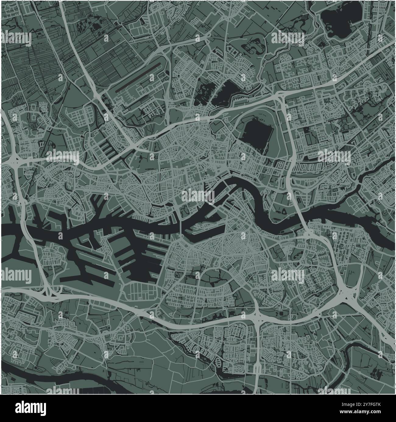 Map of Rotterdam in Netherlands in a smooth dark style. Contains ...