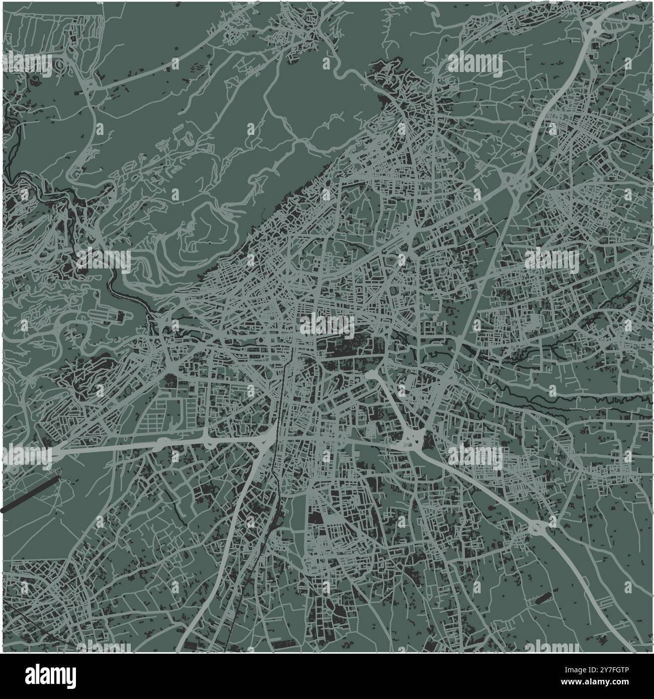 Map of Damascus in Syria in a smooth dark style. Contains layered vector with roads water, parks ...