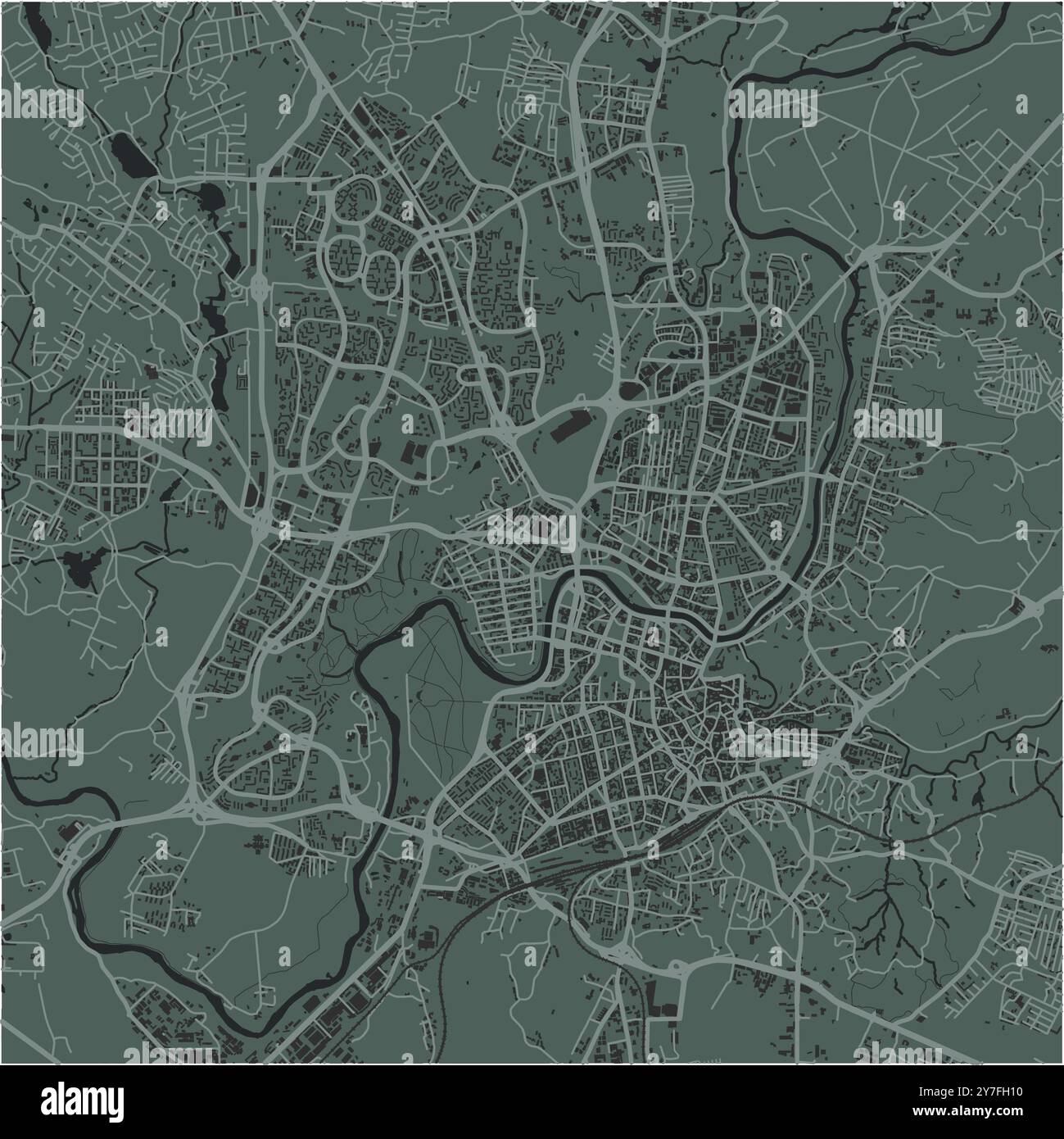 Map of Vilnius in Lithuania in a smooth dark style. Contains layered vector with roads water ...