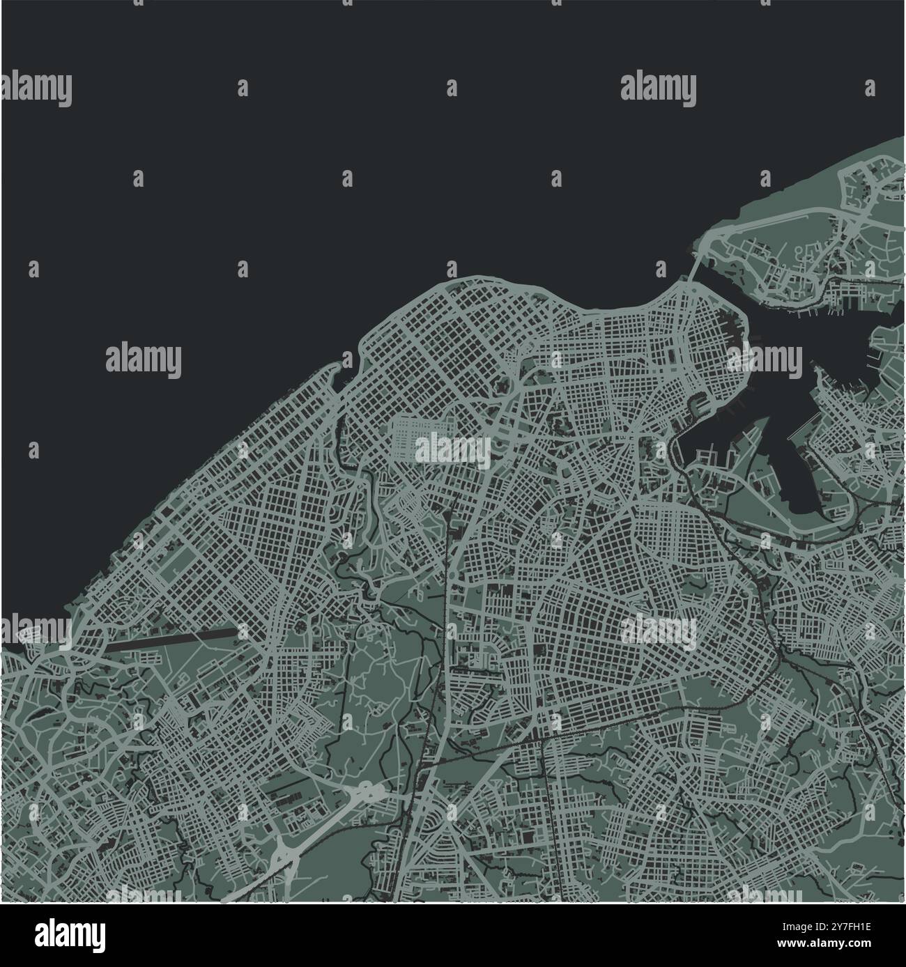 Map of Havana in Cuba in a smooth dark style. Contains layered vector with roads water, parks ...
