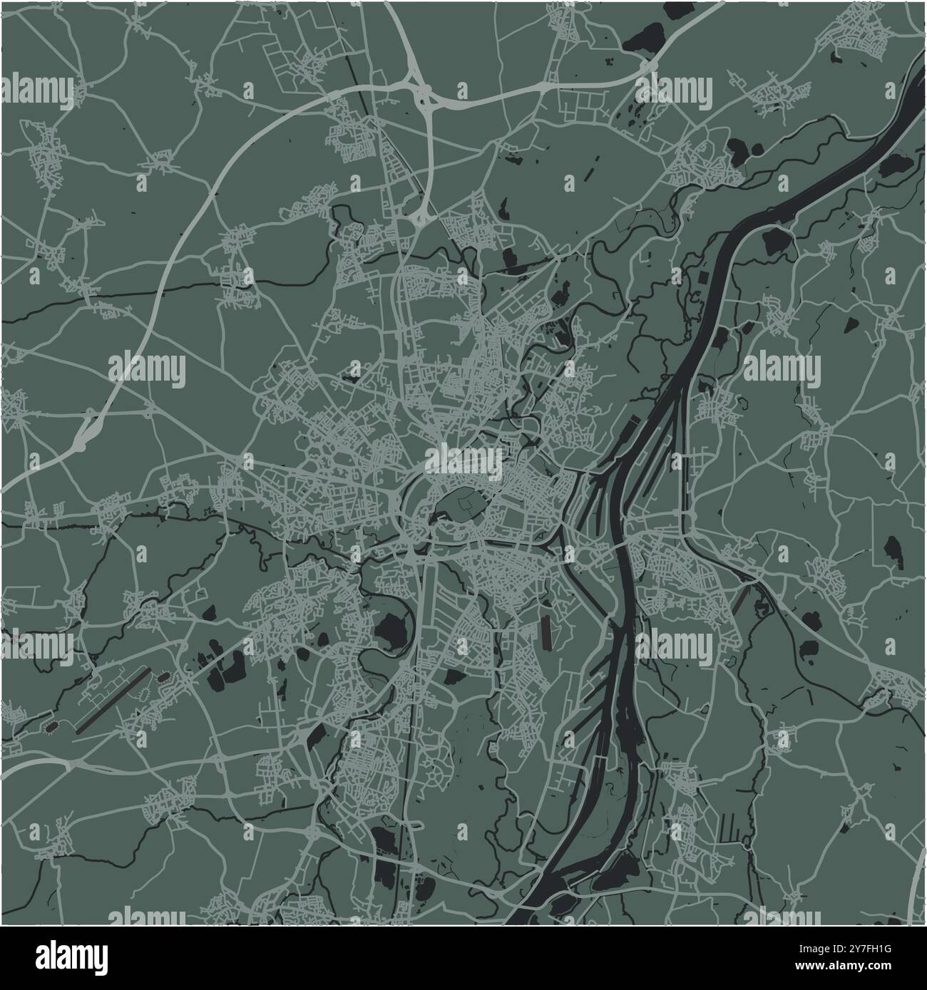 Map of Strasbourg in France in a smooth dark style. Contains layered vector with roads water ...