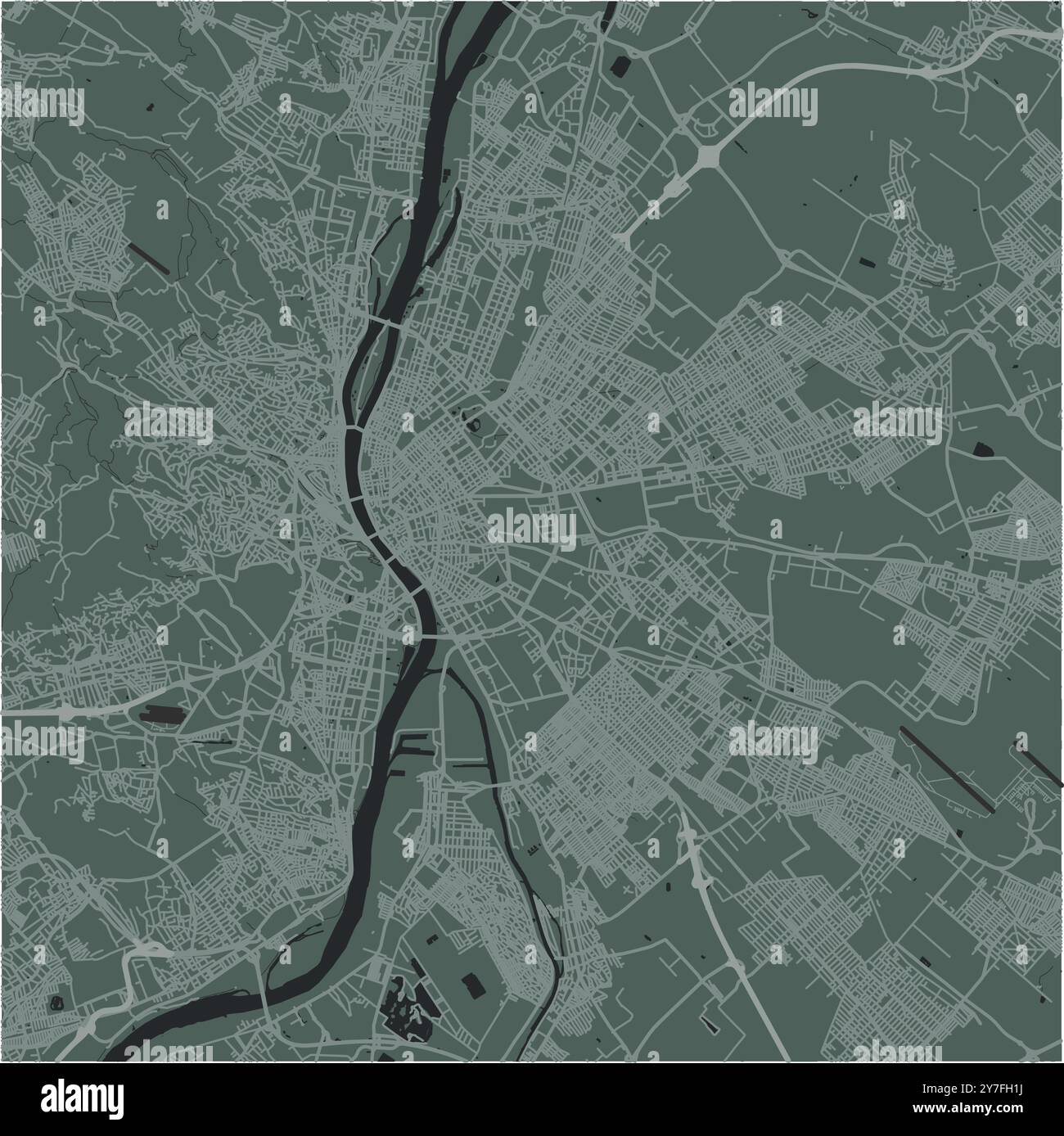 Map of Budapest in Hungary in a smooth dark style. Contains layered vector with roads water ...