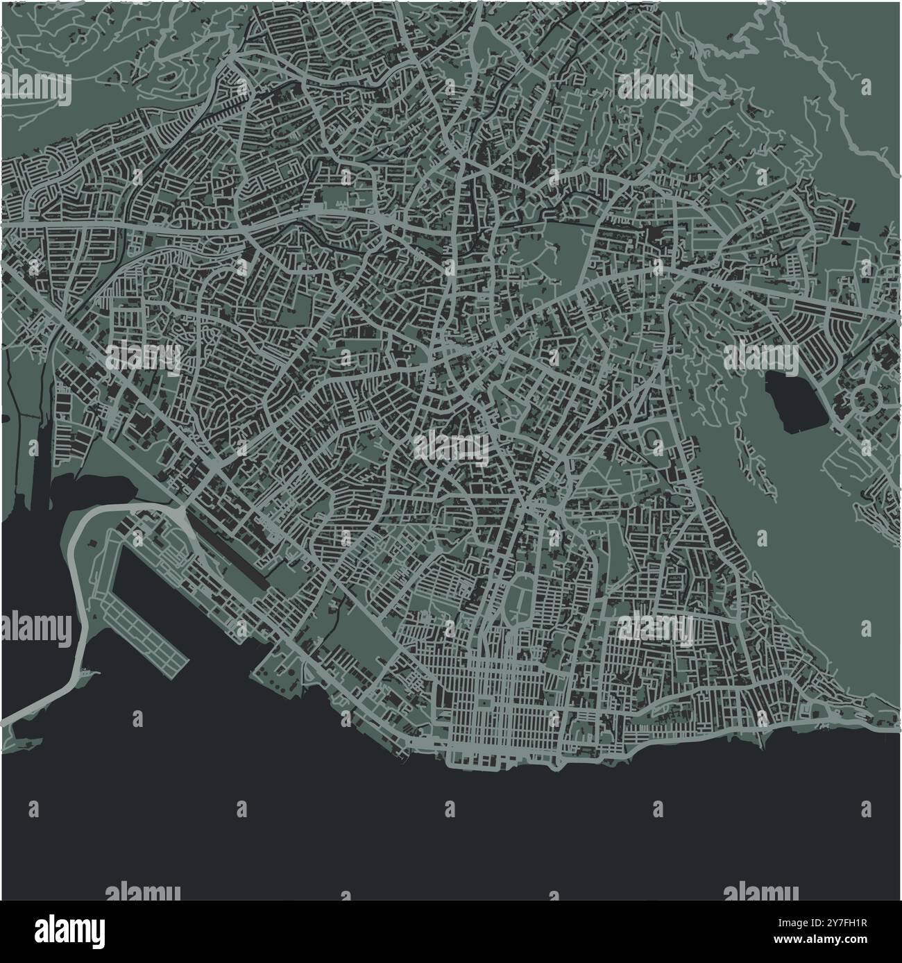 Map of Kingston in Jamaica in a smooth dark style. Contains layered vector with roads water ...