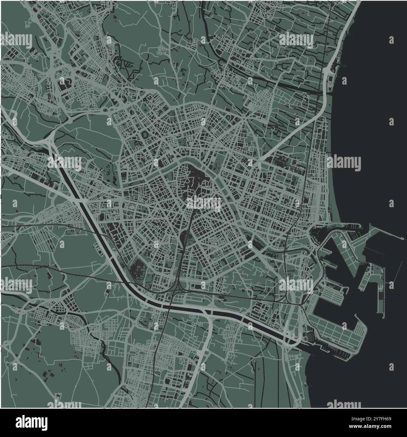 Map of Valencia in Spain in a smooth dark style. Contains layered ...