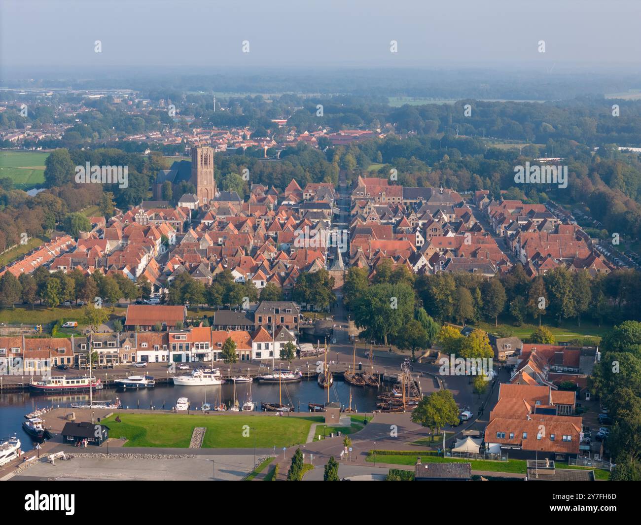 Aerial drone photo of the small city named Elburg. Elburg is a ...