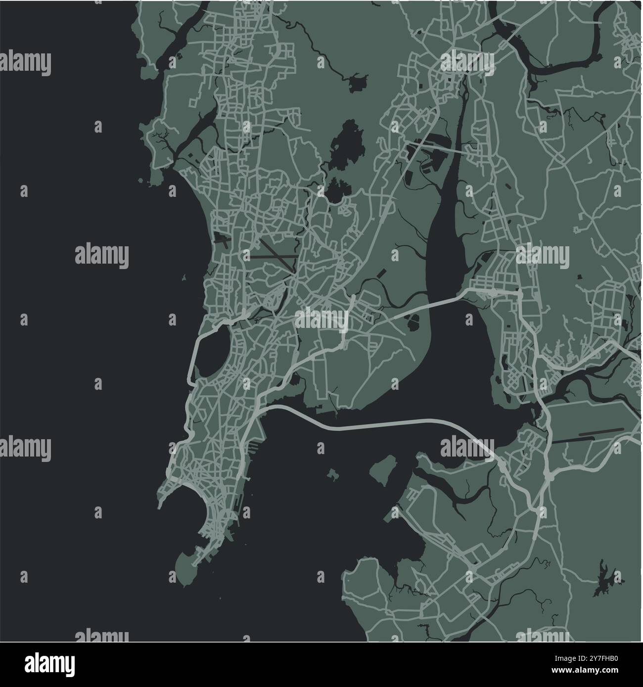 Map of Mumbai in India in a smooth dark style. Contains layered vector with roads water, parks ...