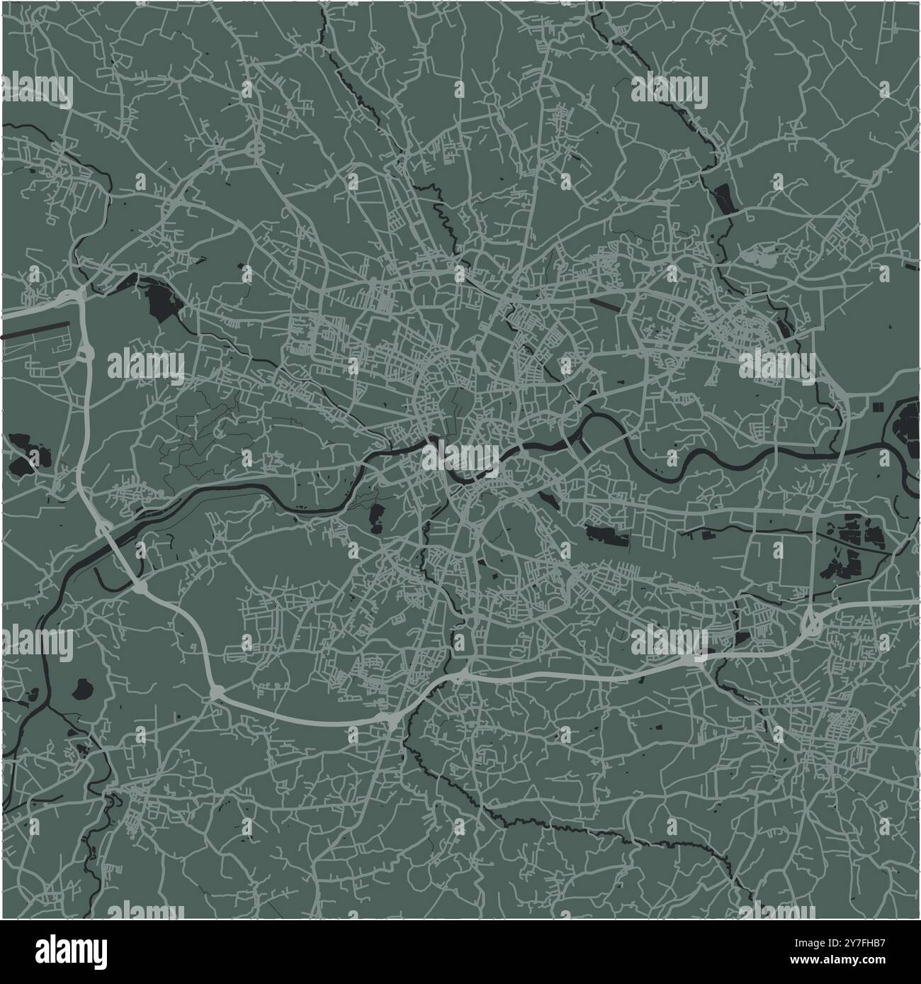 Map of Krakow in Poland in a smooth dark style. Contains layered vector with roads water, parks ...