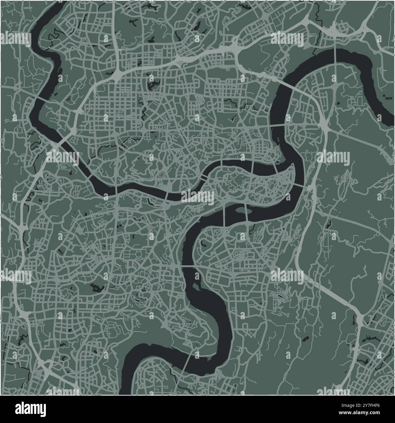 Map of Chongqing in China in a smooth dark style. Contains layered vector with roads water ...