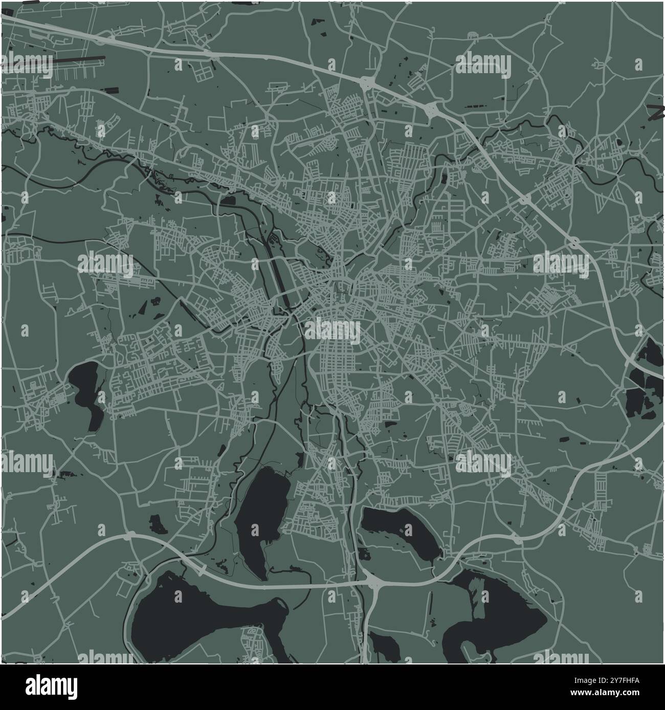 Map of Leipzig in Germany in a smooth dark style. Contains layered vector with roads water ...