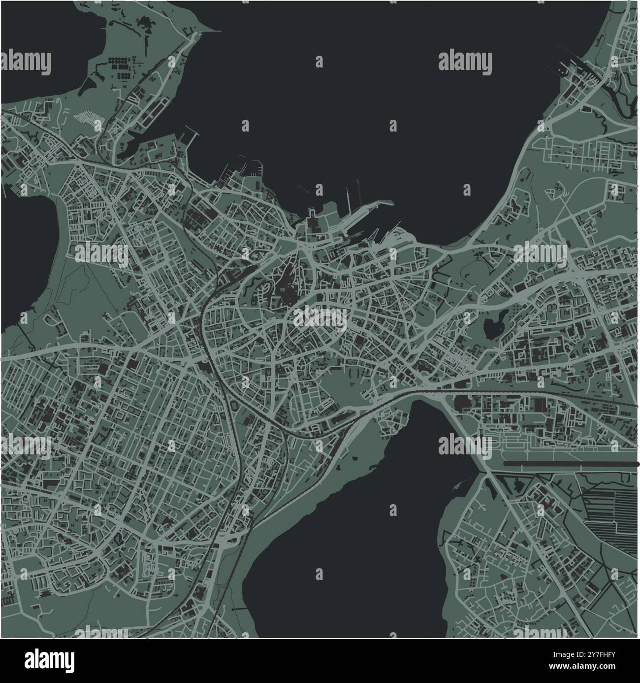 Map of Tallinn in Estonia in a smooth dark style. Contains layered vector with roads water ...