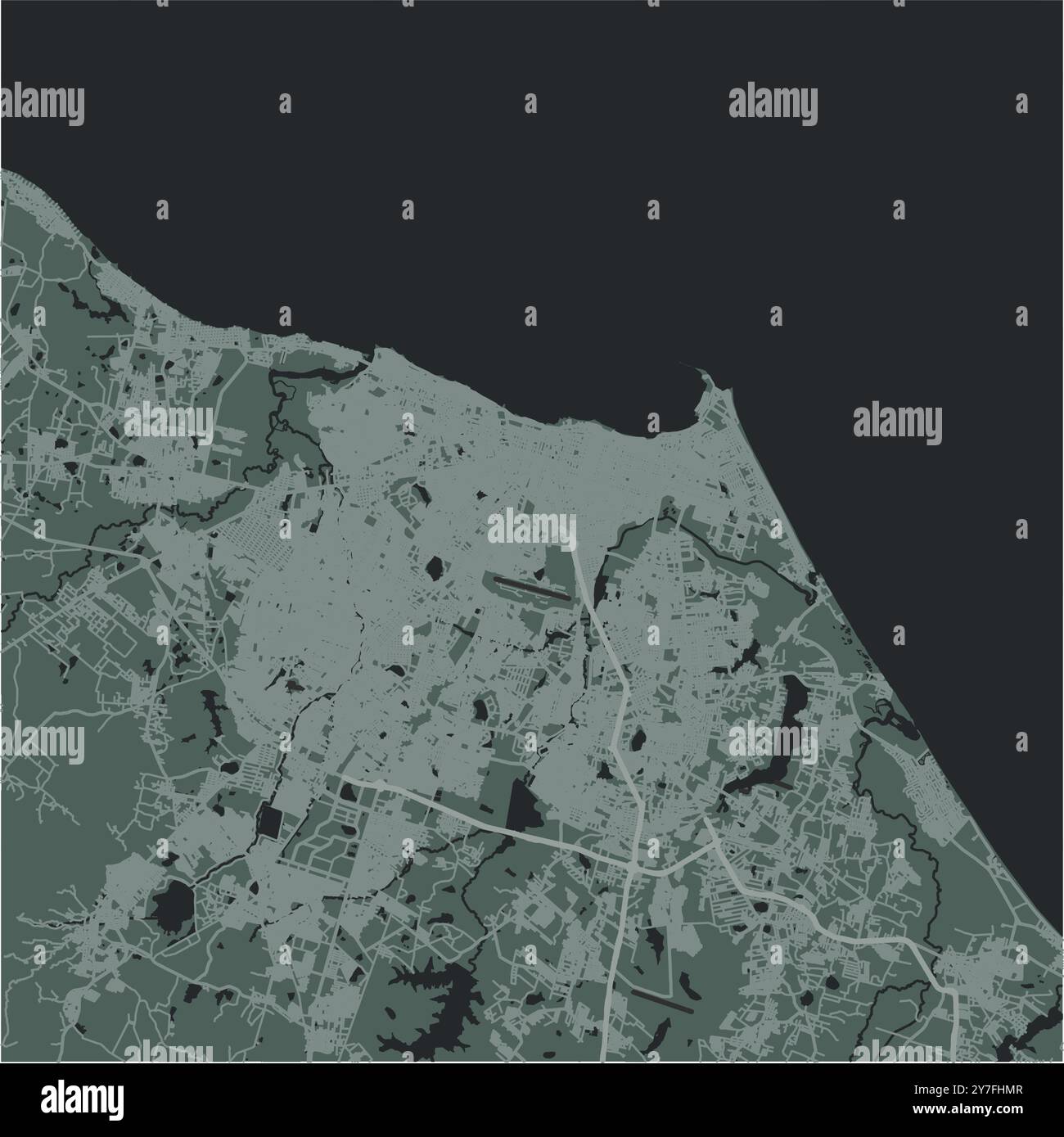 Map of Fortaleza in Brazil in a smooth dark style. Contains layered ...