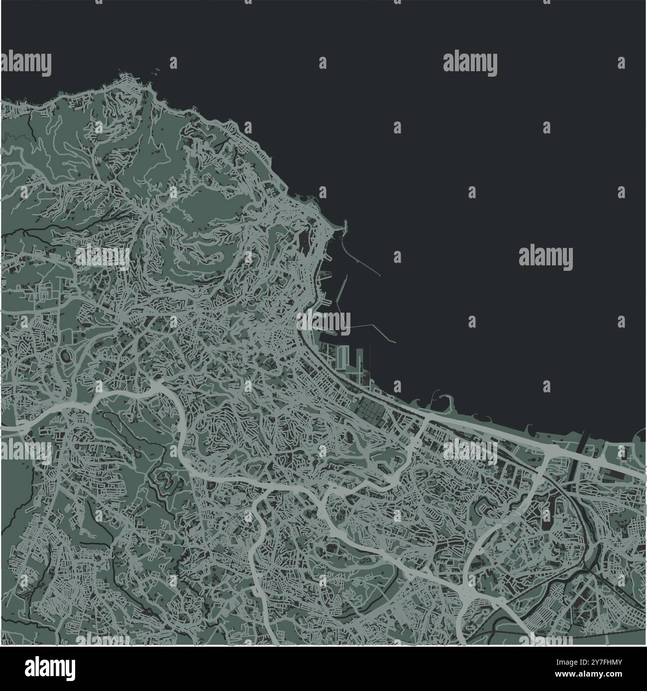 Map of Algiers in Algeria in a smooth dark style. Contains layered ...