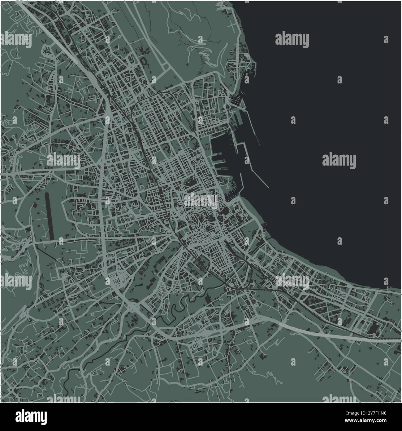 Map of Palermo in Italy in a smooth dark style. Contains layered vector with roads water, parks ...