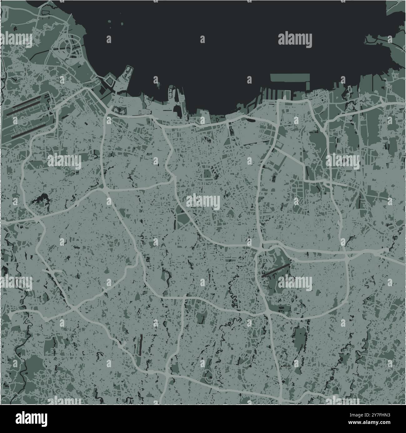 Map of Jakarta in Indonesia in a smooth dark style. Contains layered ...
