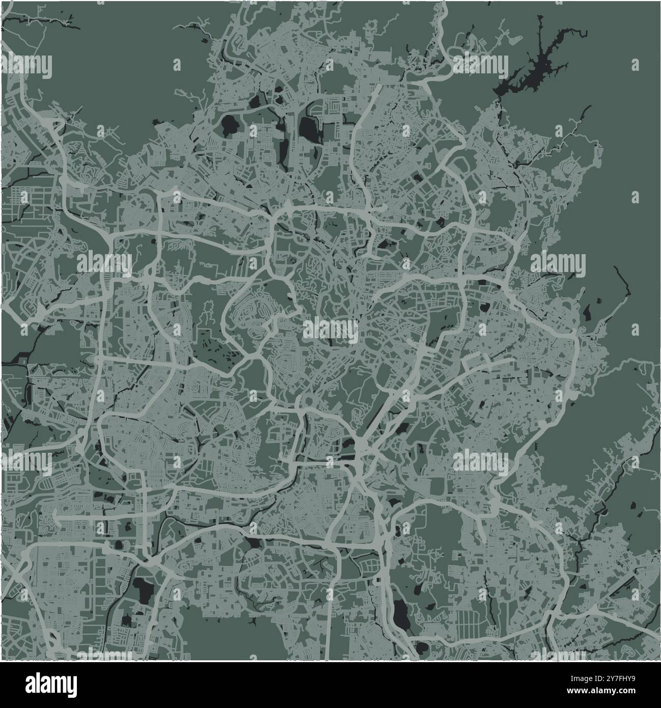 Map of Kuala Lumpur in Malaysia in a smooth dark style. Contains layered vector with roads water ...