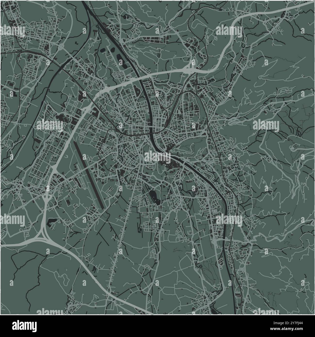 Map of Salzburg in Austria in a smooth dark style. Contains layered vector with roads water ...