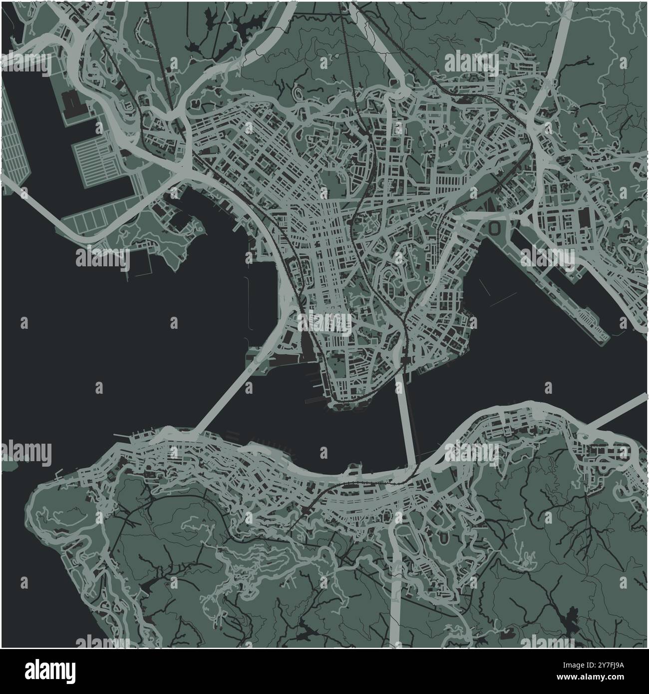 Map of Hong Kong in China in a smooth dark style. Contains layered vector with roads water ...