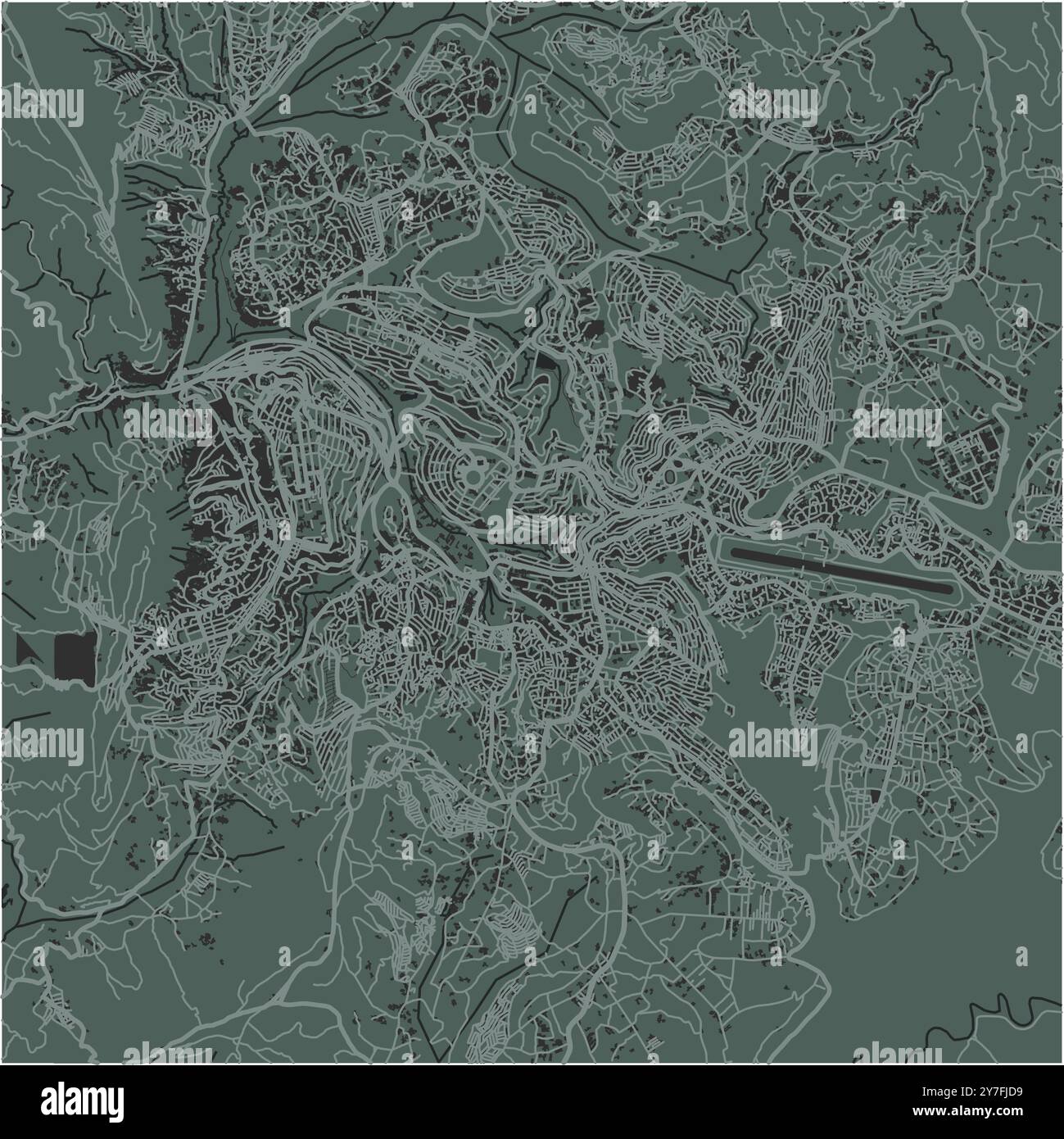 Map of Kigali in Rwanda in a smooth dark style. Contains layered vector with roads water, parks ...