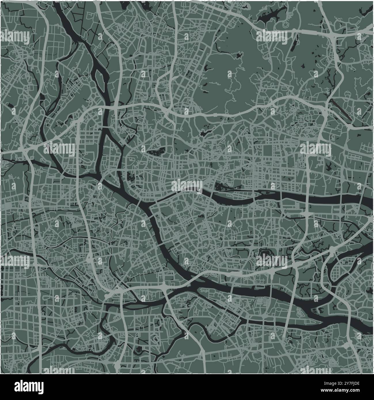 Map of Guangzhou in China in a smooth dark style. Contains layered vector with roads water ...