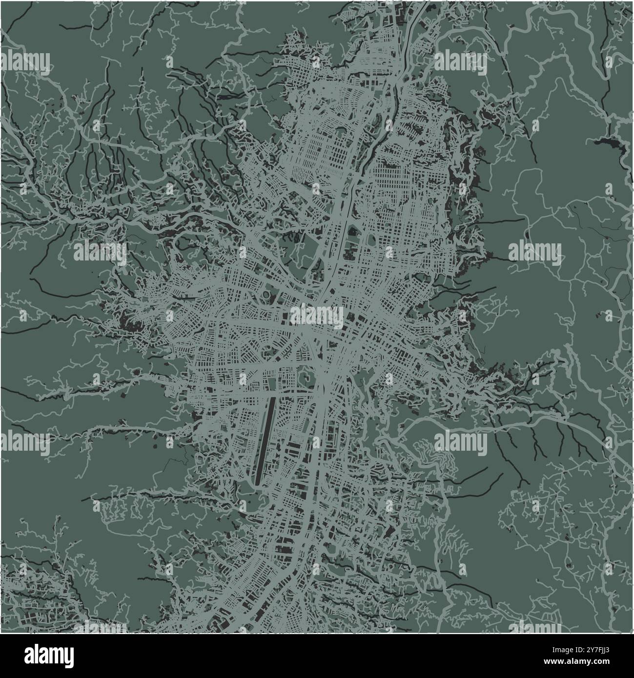Map of Medellin in Colombia in a smooth dark style. Contains layered vector with roads water ...