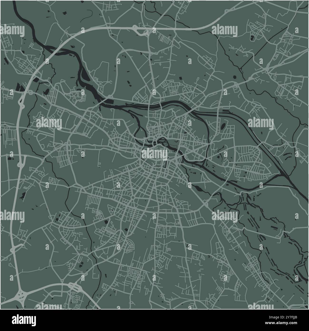 Map of Wroclaw in Poland in a smooth dark style. Contains layered vector with roads water, parks ...