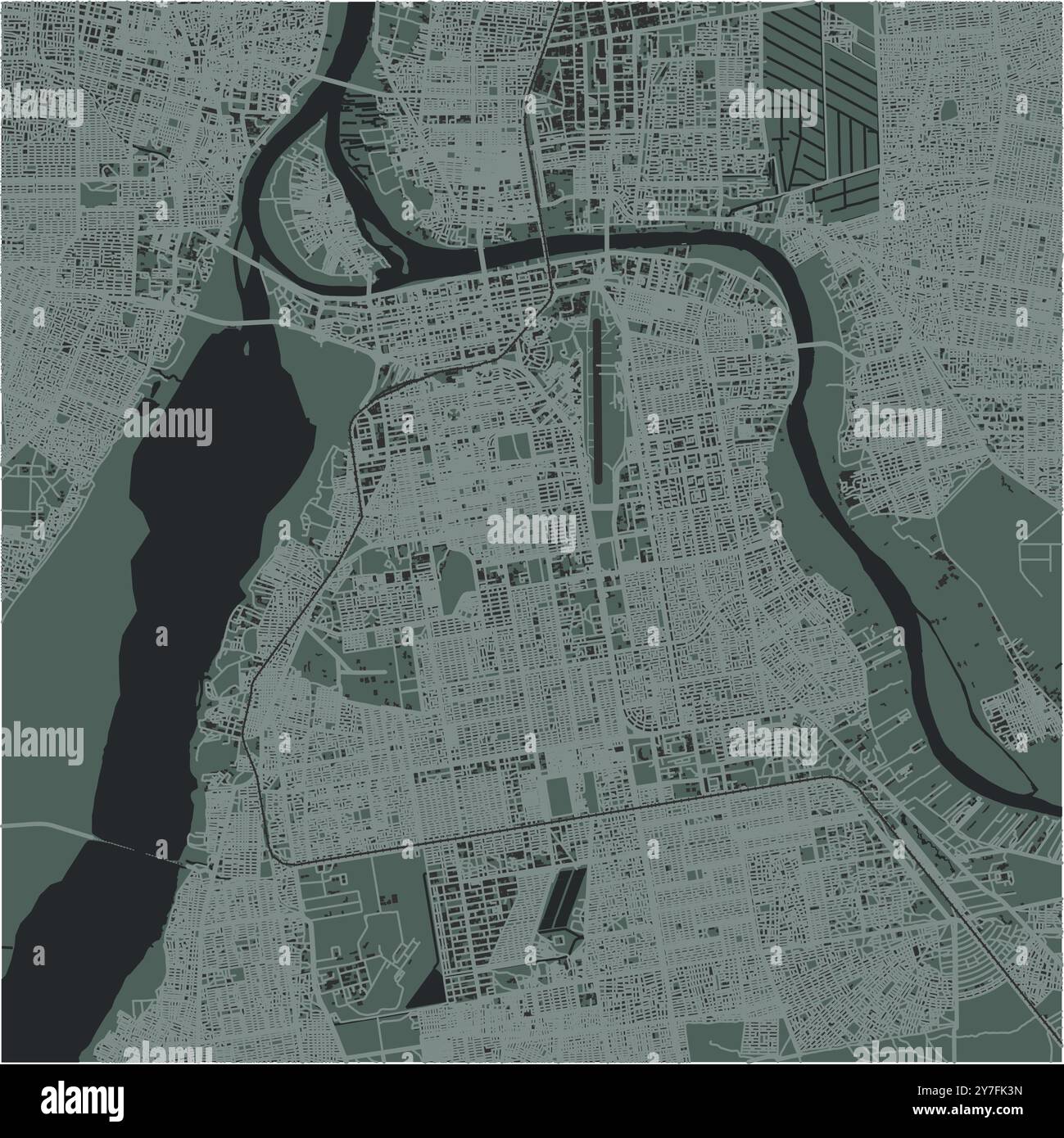 Map of Khartoum in Sudan in a smooth dark style. Contains layered vector with roads water, parks ...