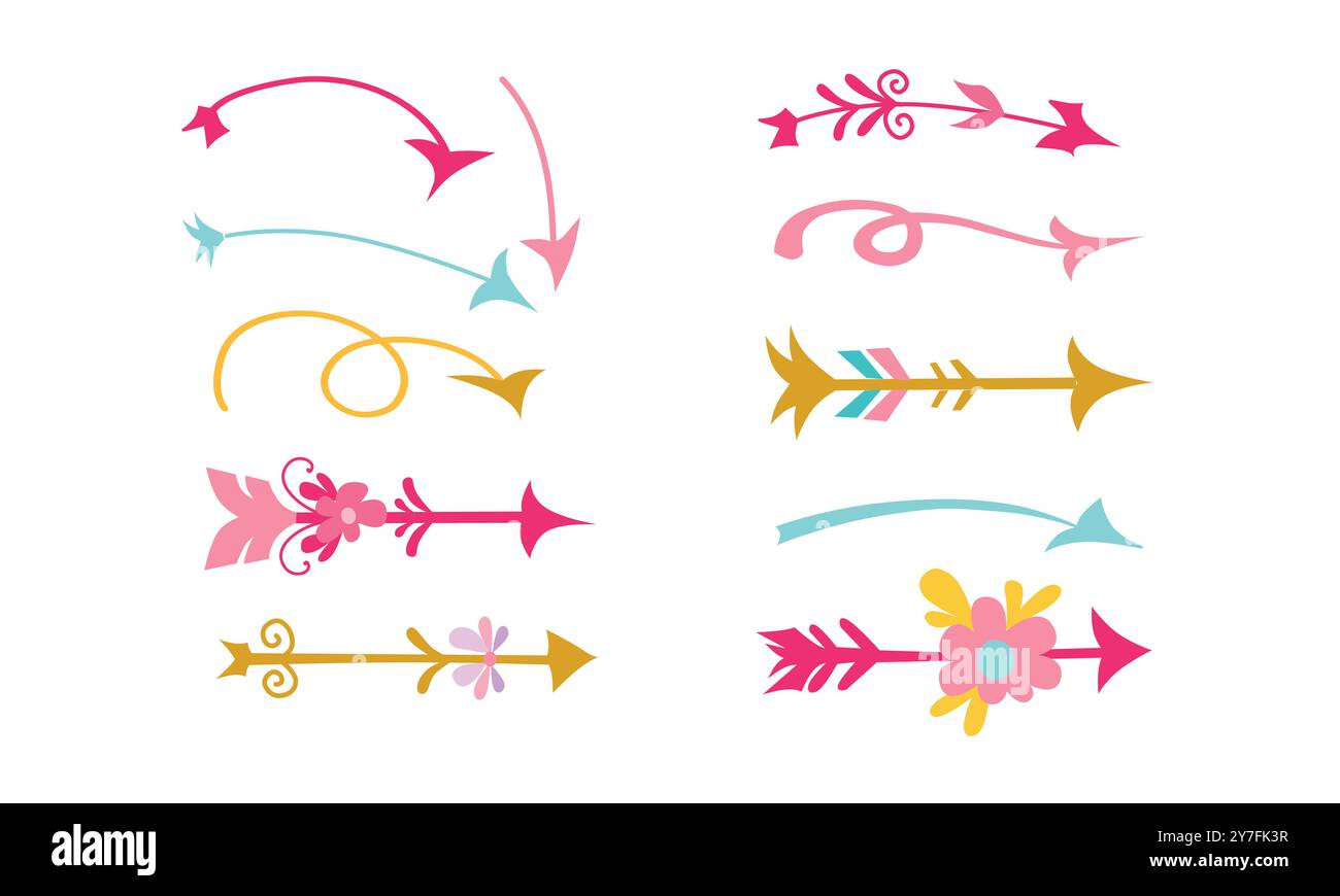 Cute princess Arrows set. Sketch kids line fun arrow icon. Hand drawn ...