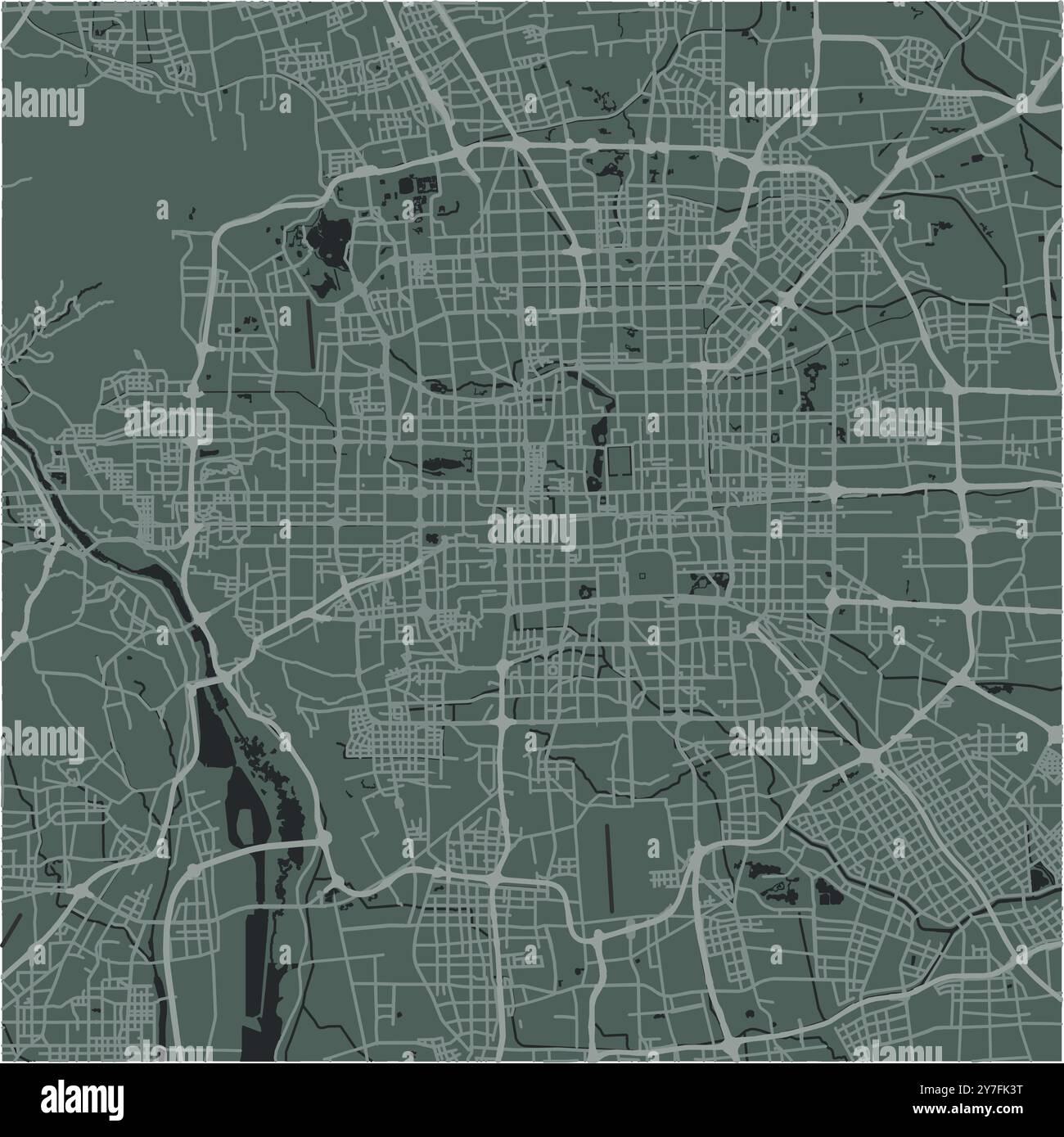 Map of Beijing in China in a smooth dark style. Contains layered vector with roads water, parks ...