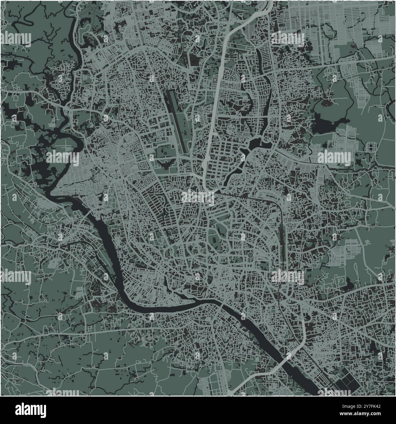 Map of Dhaka in Bangladesh in a smooth dark style. Contains layered vector with roads water ...