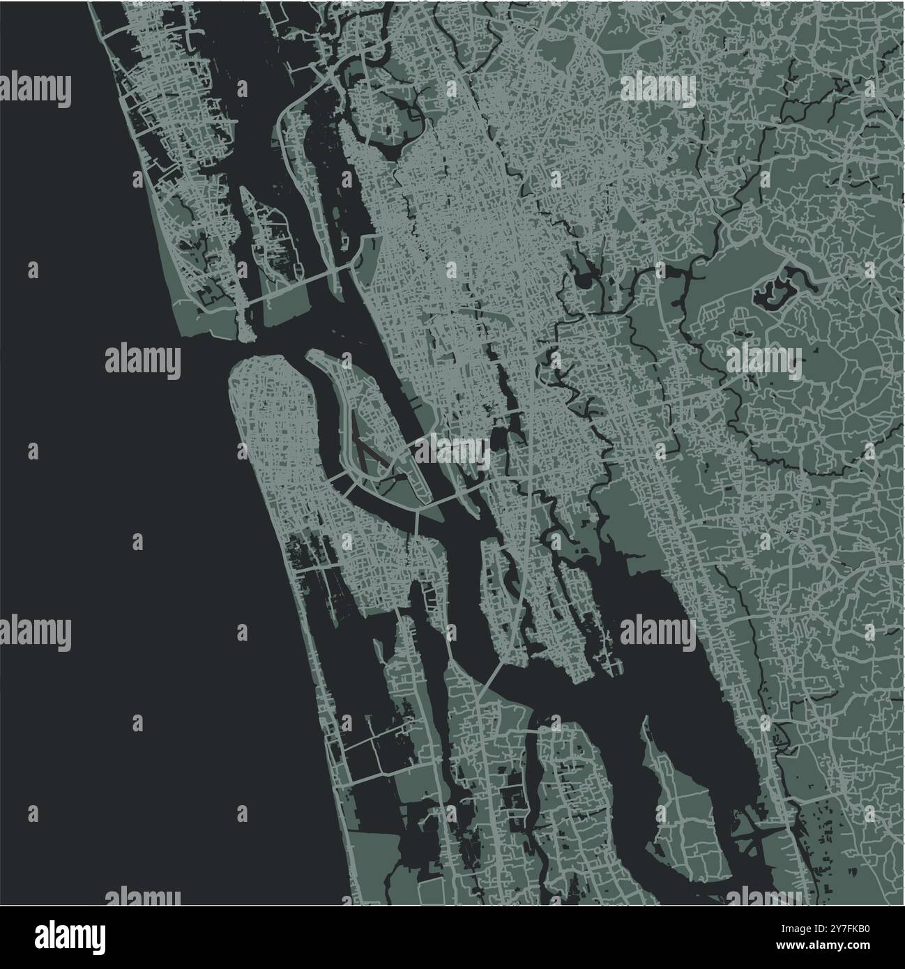 Map of Kochi (Cochin) in India in a smooth dark style. Contains layered ...