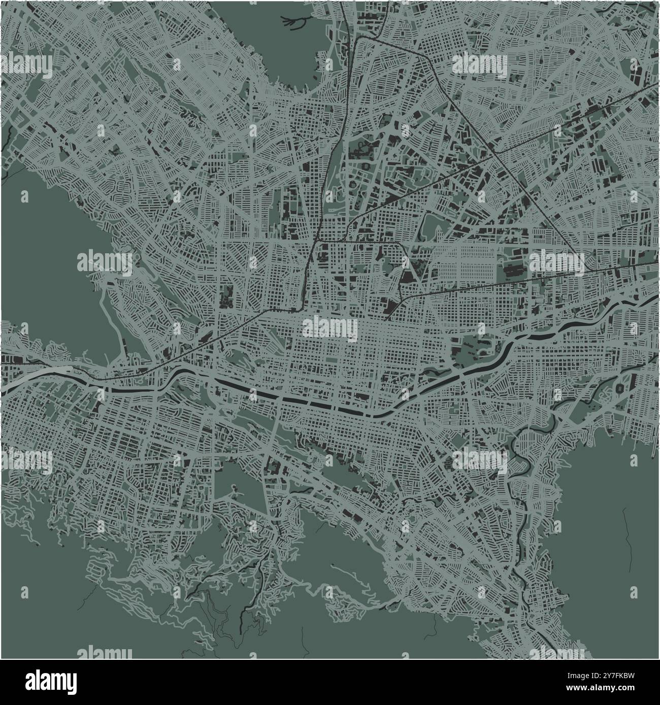 Map of Monterrey in Mexico in a smooth dark style. Contains layered vector with roads water ...