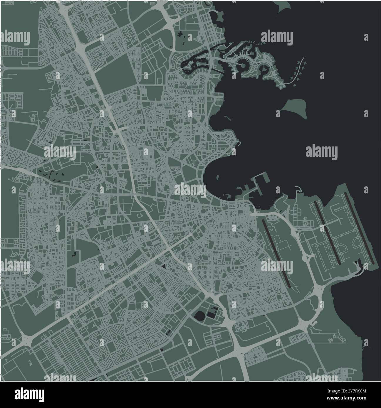 Map of Doha in Qatar in a smooth dark style. Contains layered vector ...