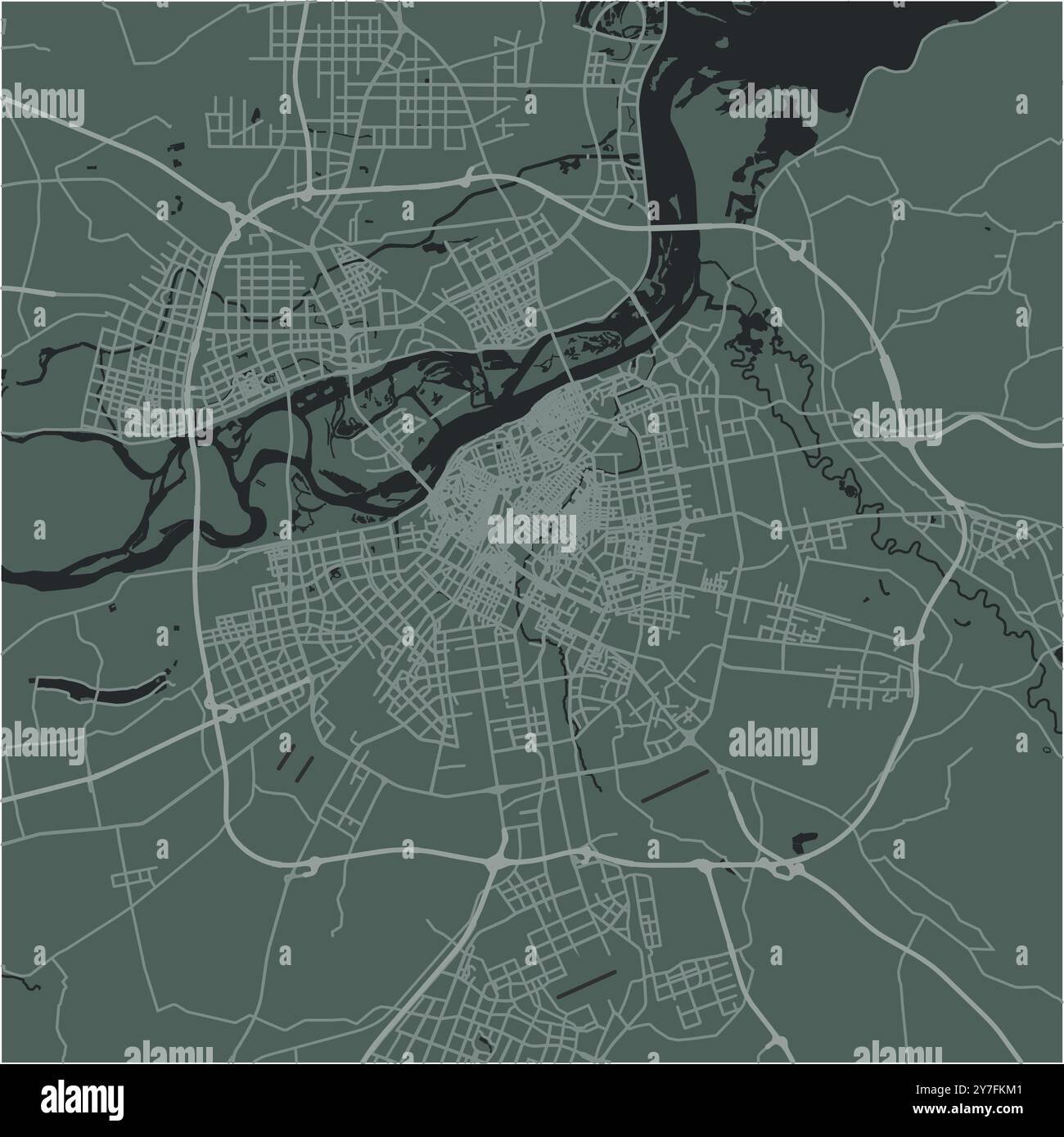 Map of Harbin in China in a smooth dark style. Contains layered vector with roads water, parks ...