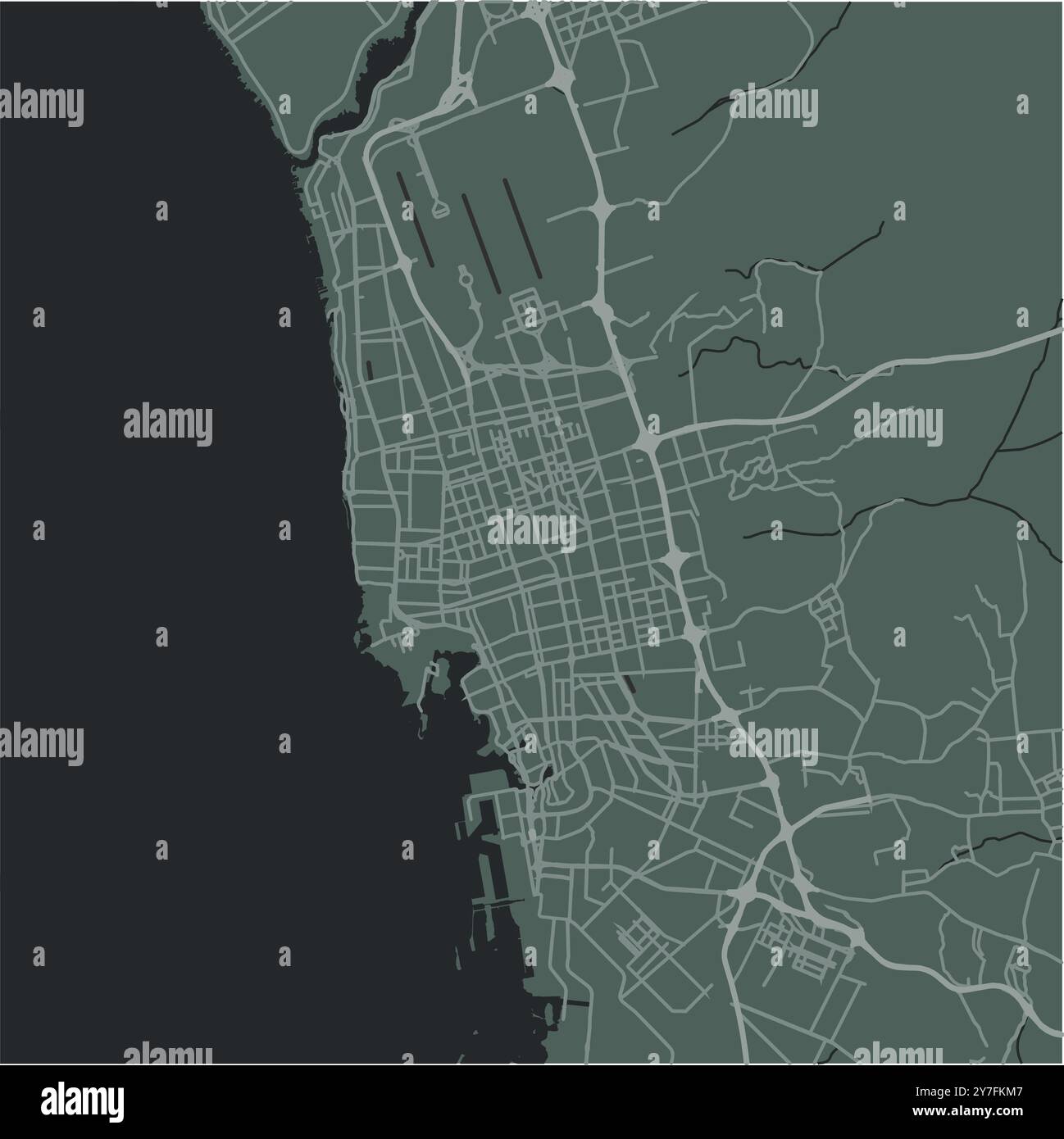 Map of Jeddah in Saudi Arabia in a smooth dark style. Contains layered ...