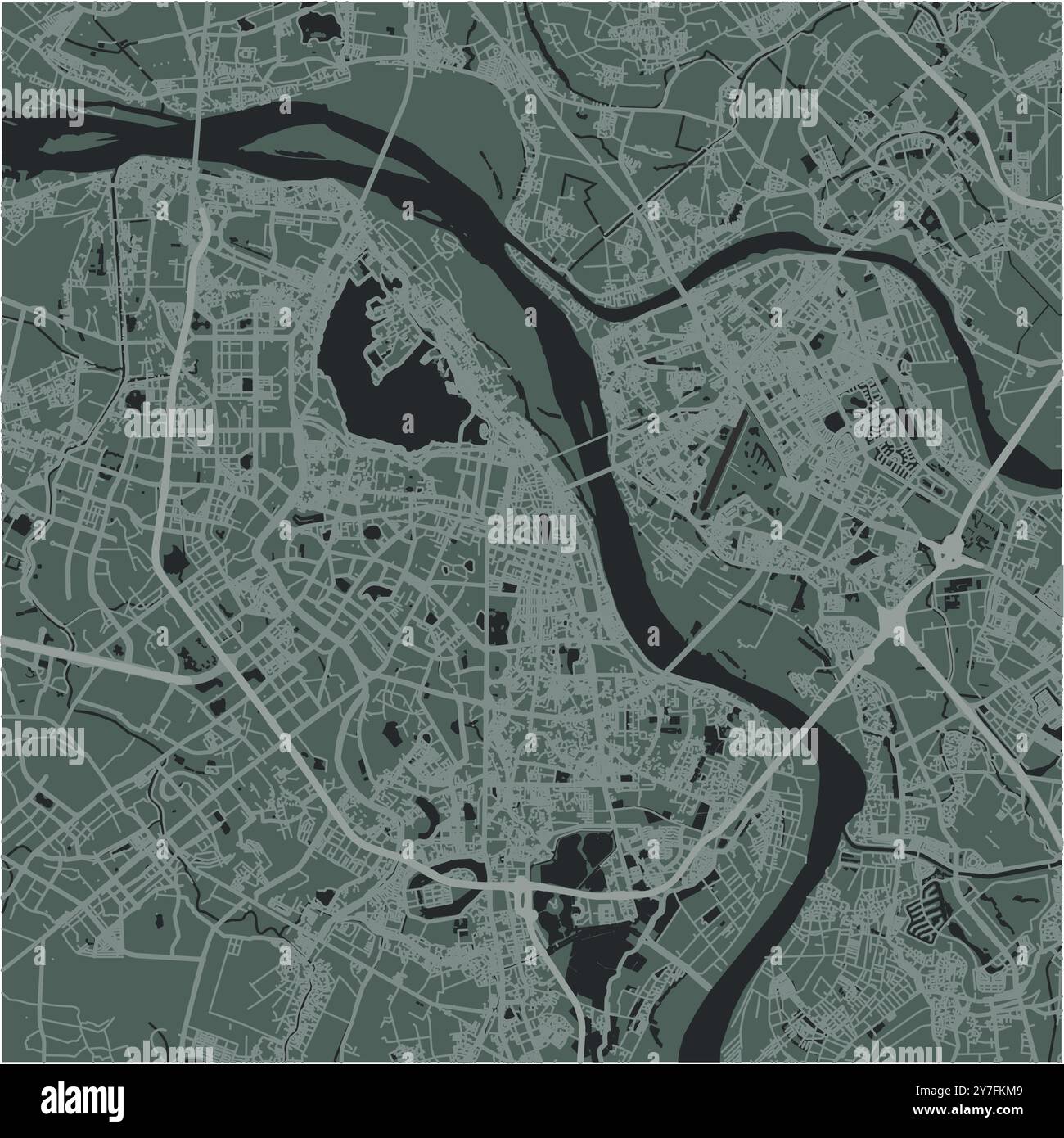 Map of Hanoi in Vietnam in a smooth dark style. Contains layered vector with roads water, parks ...