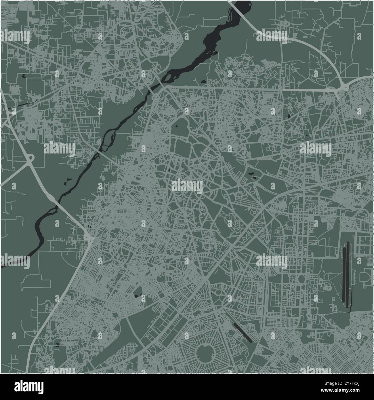 Map of Lahore in Pakistan in a smooth dark style. Contains layered vector with roads water ...