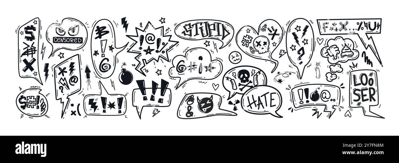Hand drawn doodle sketch speech bubbles with insults, curses ...