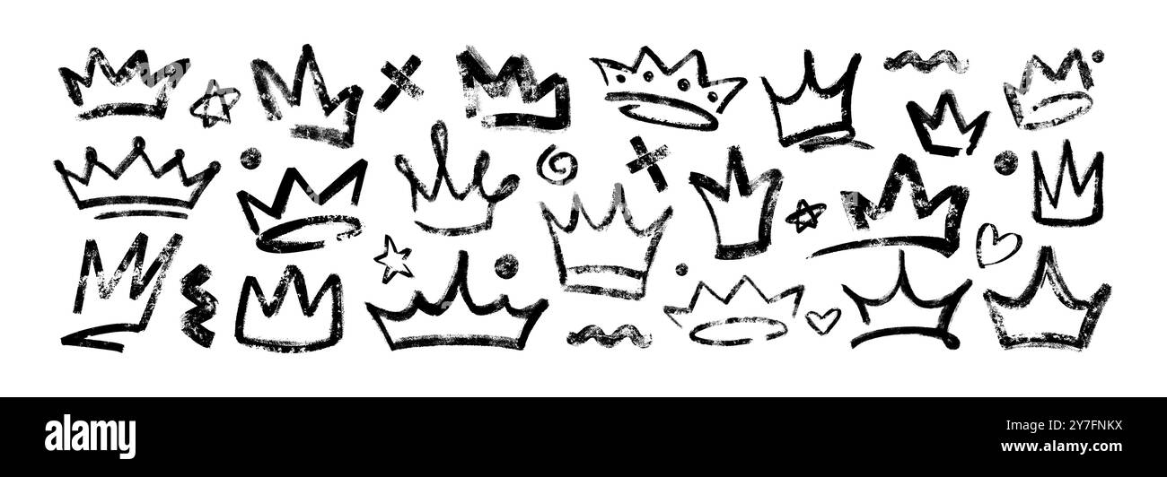 Hand drawn king crowns isolated on white background. Set of black brush ...