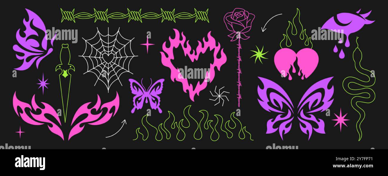 Y2k gothic tattoo sticker set. Neo tribal aesthetic icons, emo hand ...