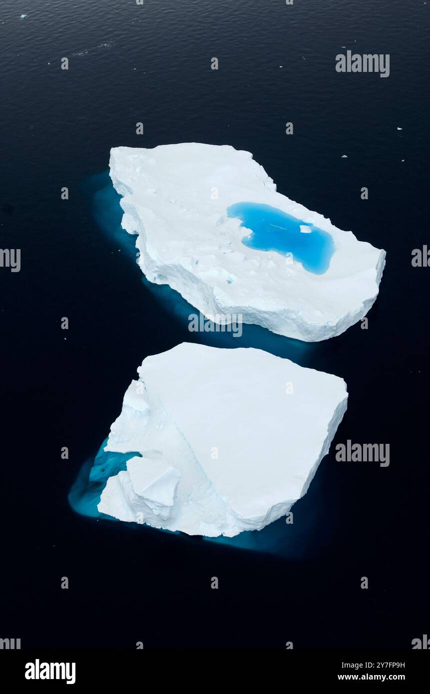 An aerial view of the two sheets of glacial ice floating in the sea ...