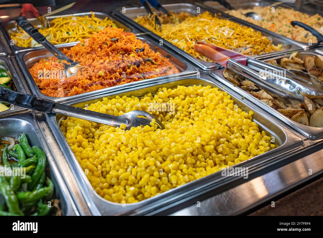Hot food bar in supermarket. Showcase of a culinary shop. Closeup of ...