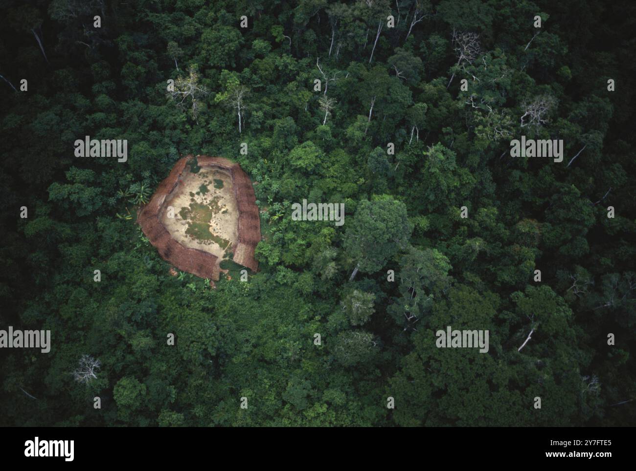 Aerial view of Yanomami Indian shabono (village) in Amazonas state ...
