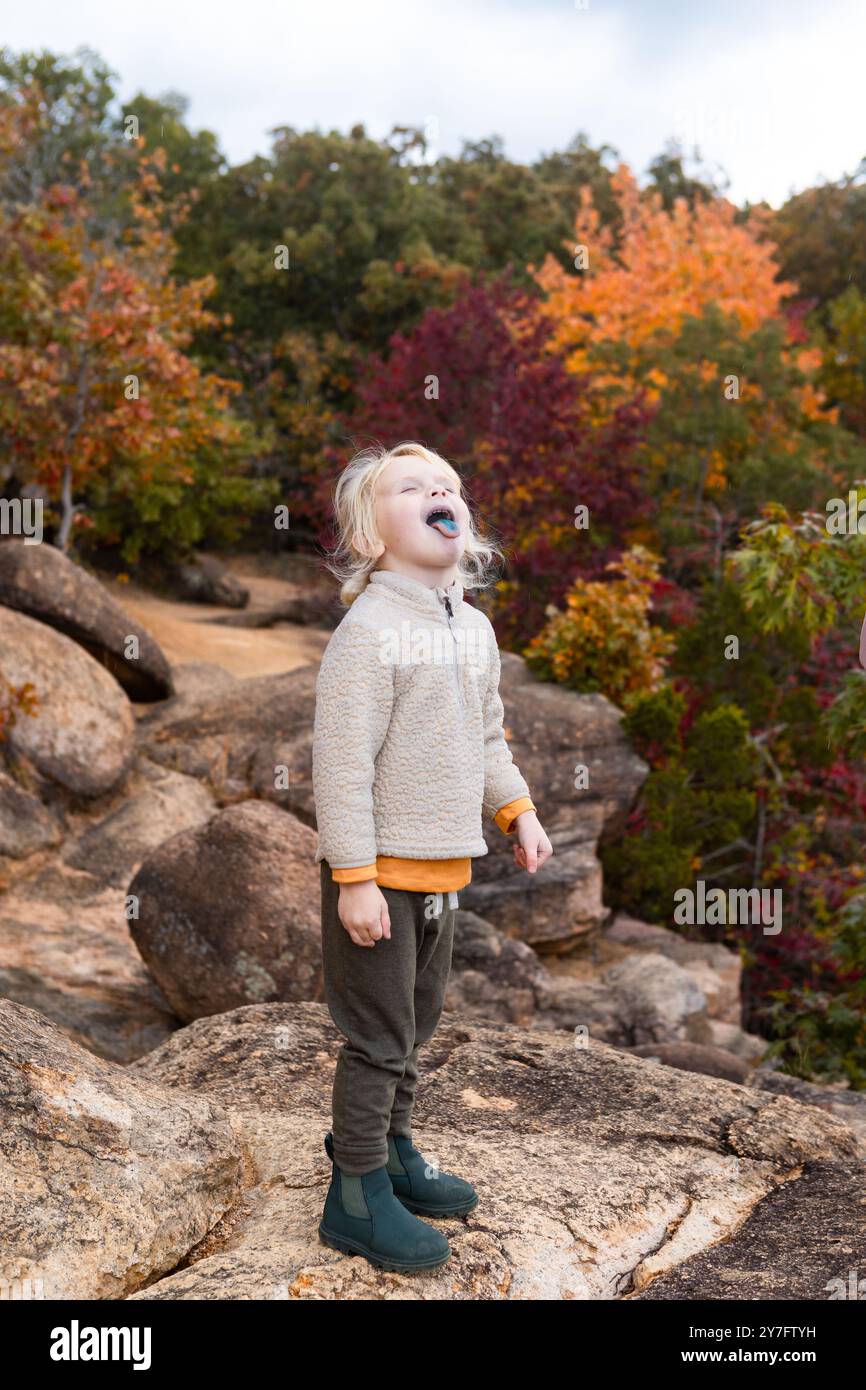 Child in autumn landscape catching raindrops with tongue out Stock ...