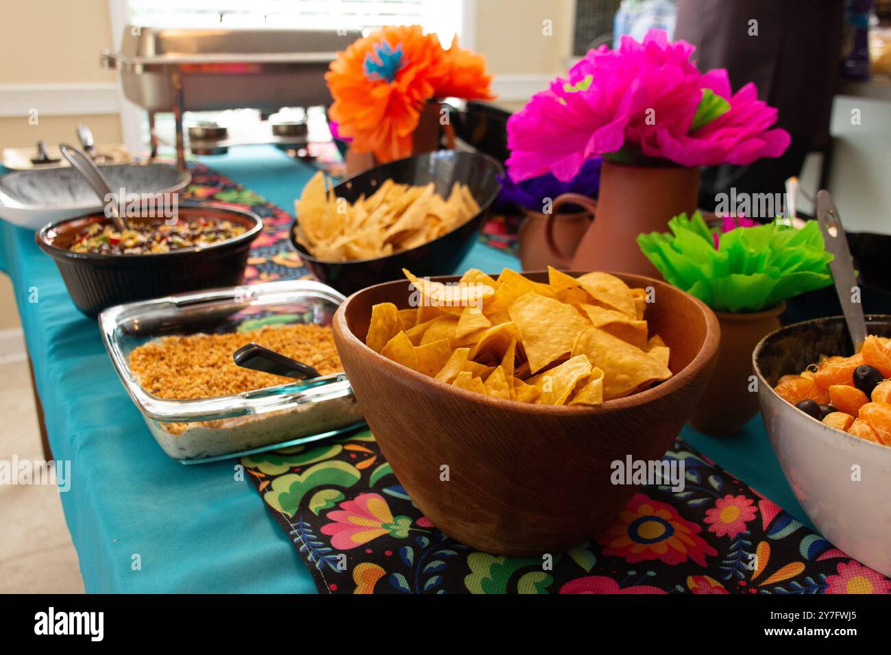 Fiesta Buffet Featuring Tortilla Chips, Salsa, and Toppings Stock Photo ...