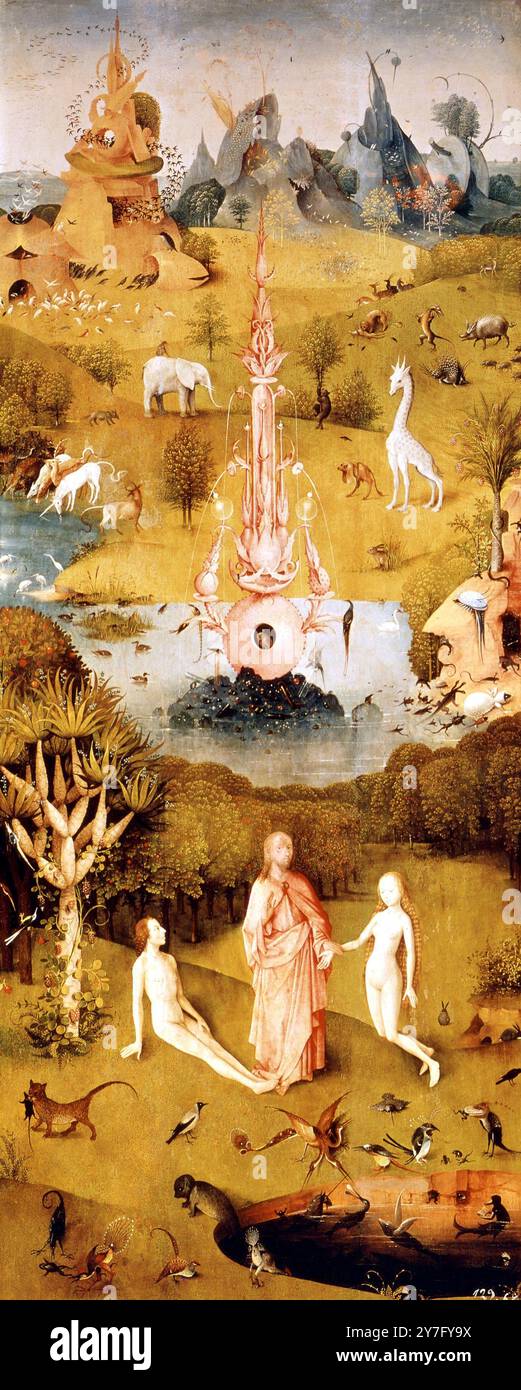 The Garden of Earthly Delights: left wing of triptych depicting Eden, c ...