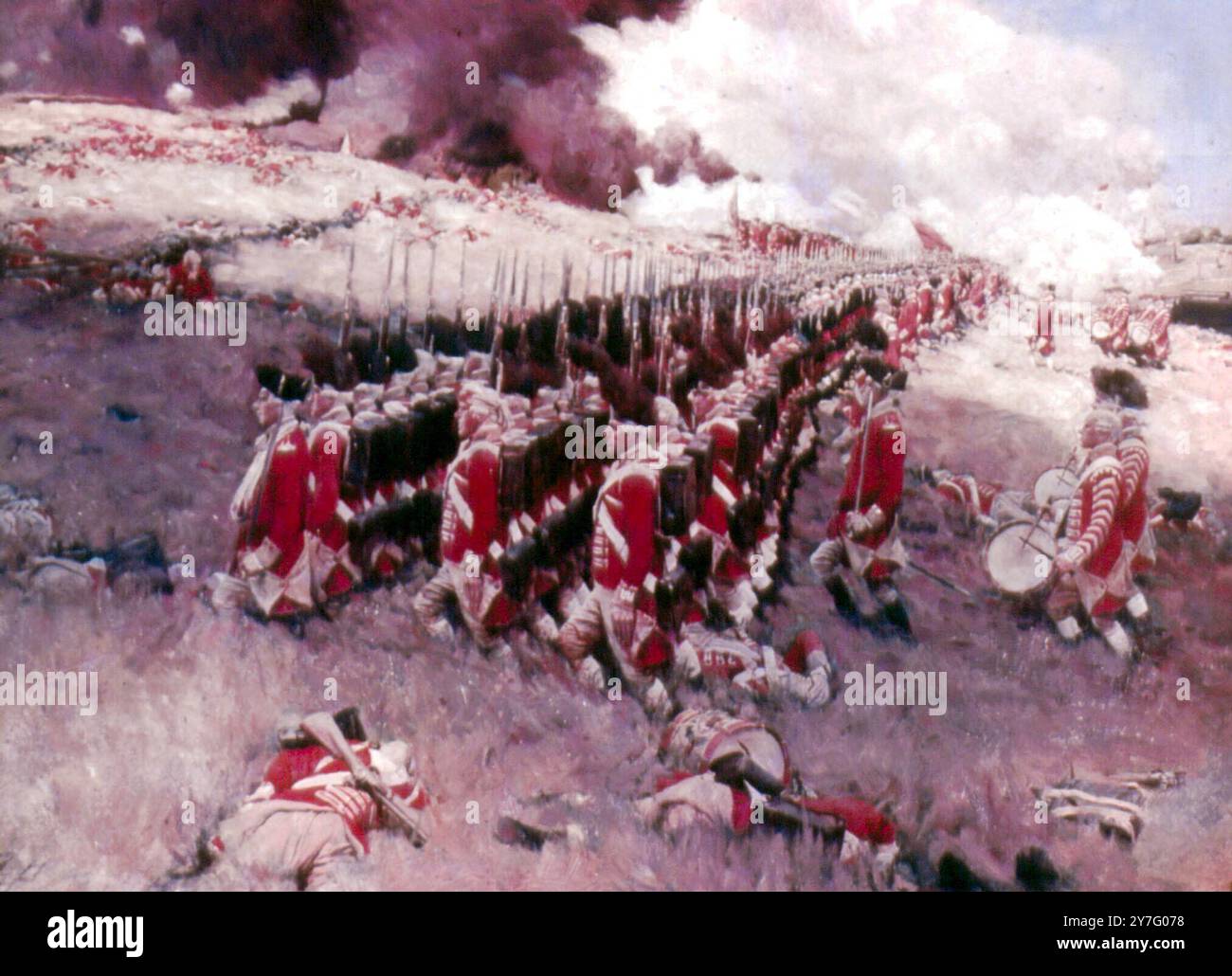 American War of Independence British redcoats advancing against rebel ...