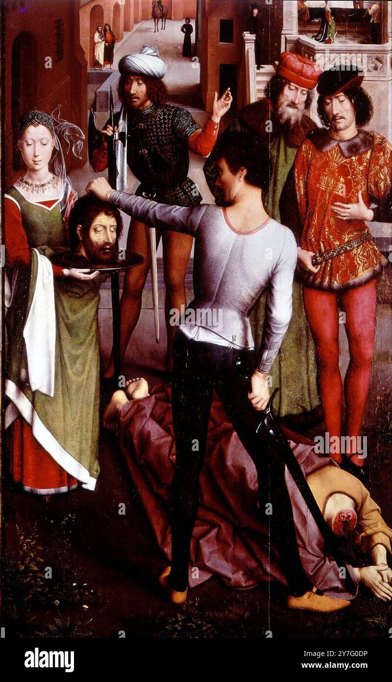 Memling. Tryptych, Left panel with beheading of John the Baptist ...