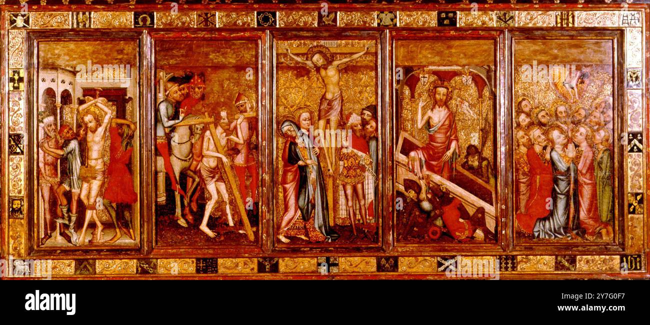 Norfolk. Norwich Cathedral. St Luke's Chapel. Retable. Depicting in 5 pictures, the Crucifixion ...